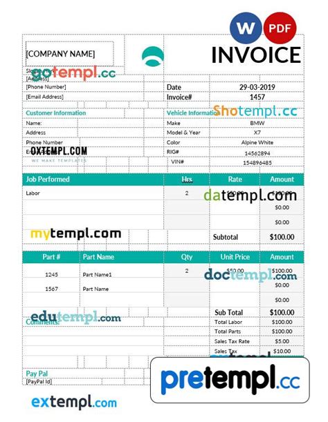 Car Repair Invoice Example In Word And Pdf Format Pretempl