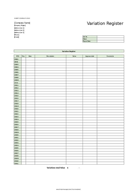 Free Variation Register Template Project Manager Store