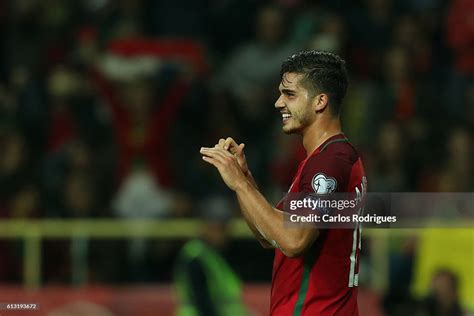 Portugals Forward Andre Silva Celebrates Scoring Portugal Sixth Goal