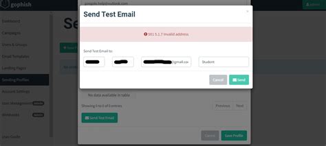 gophish sending profile not sending test email 501 5 1 7 invalid