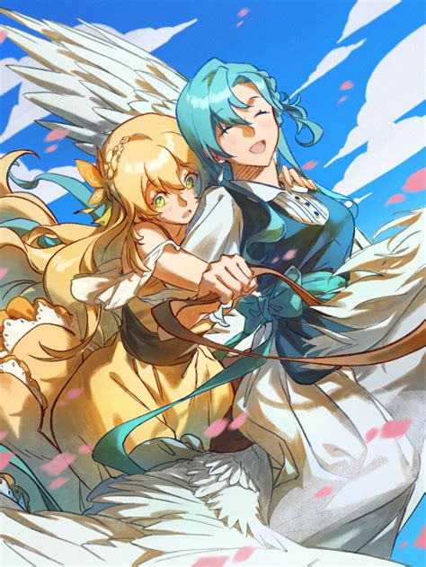 Safebooru 2girls D Blonde Hair Blue Hair Blue Sky Blush Braid
