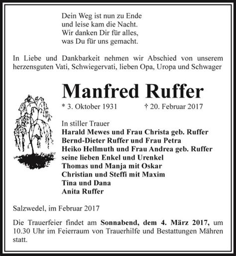 Traueranzeigen Von Manfred Ruffer Abschied Nehmen De