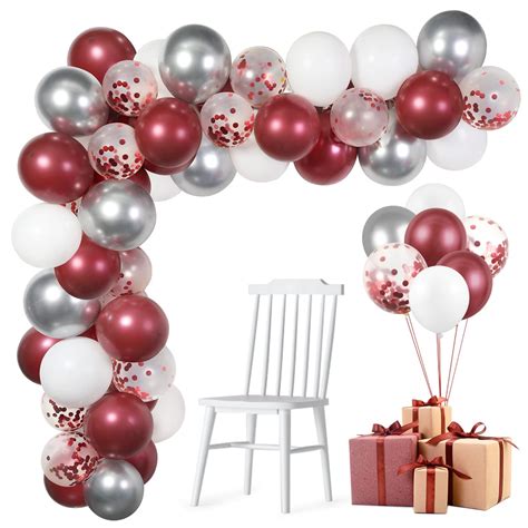 60 Pack Burgundy Red White Silver Maroon Balloons Garland Arch Kit