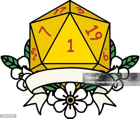 Gaya Tato Retro Alami Satu Dadu Lempar Dadu D20 Alami Ilustrasi Stok