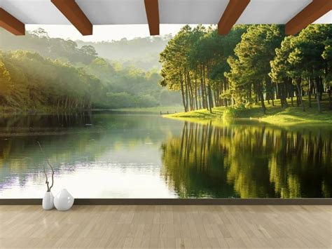 Wallpaper Lake And Forest Landscape Wall Art Wall Mural Etsy Mural
