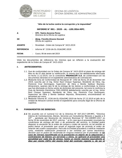 Informe 001 Penalidad Orden De Compra N° 3415 2019 Año De La