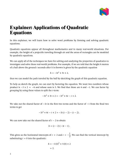 Applications Of Quadratic Equations Worksheet Worksheets Library
