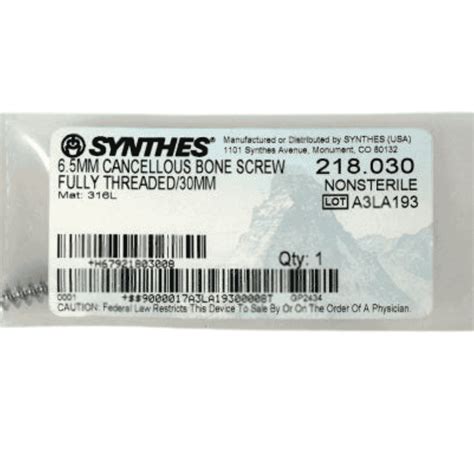Depuy Synthes 218 030 6 5mm Cancellous Bone Screw