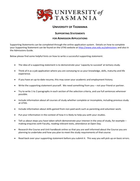 Utas Supporting Statement Guidelines For Admission