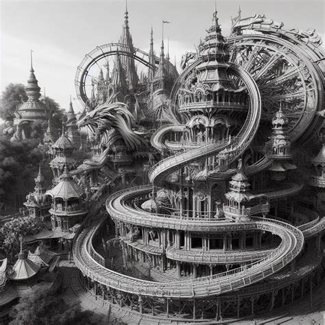 Amusement Park Designed By Hr Giger High Detail Grayscale R
