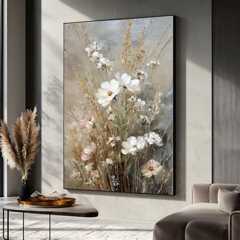 Soft Neutral Wildflower Canvas Wall Art Cream And Blush Floral