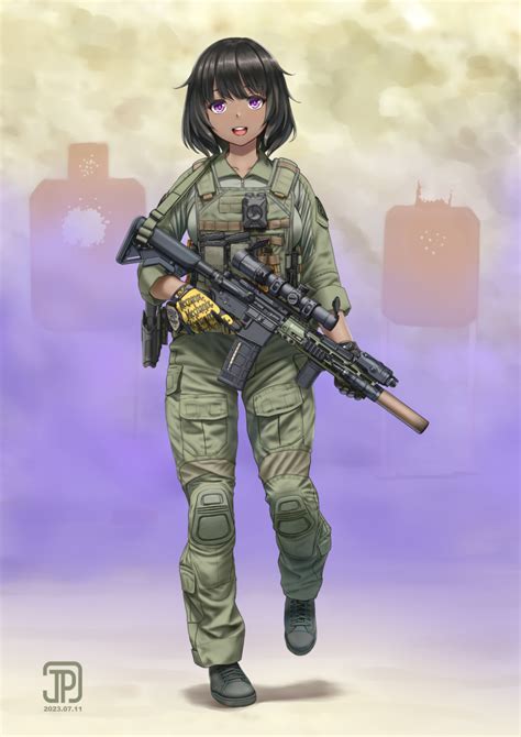 Jpc Original Black Footwear Highres Weapon Request 1girl Artist Name Assault Rifle Black