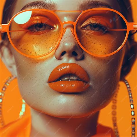 A Woman Wearing Orange Glasses With Orange Lips And Orange Lipstick Premium Ai Generated Image