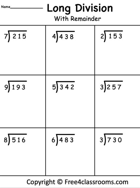Free Long Division Worksheet 3 Digits By 1 With Remainder Free