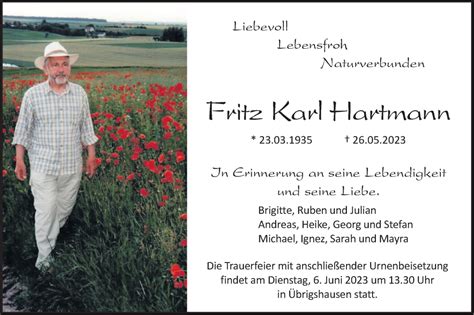Traueranzeigen Von Fritz Karl Hartmann Südwest Presse Trauer