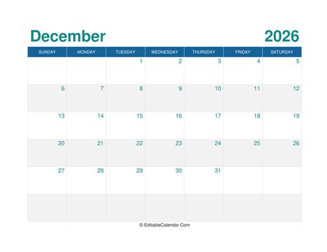 December 2026 Calendar Templates In Word Pdf Excel