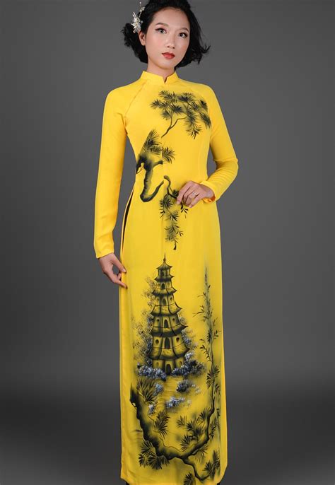 Vietnamese Ao Dai Dress In Yellow Silk Fabric Hand Painted Pagoda
