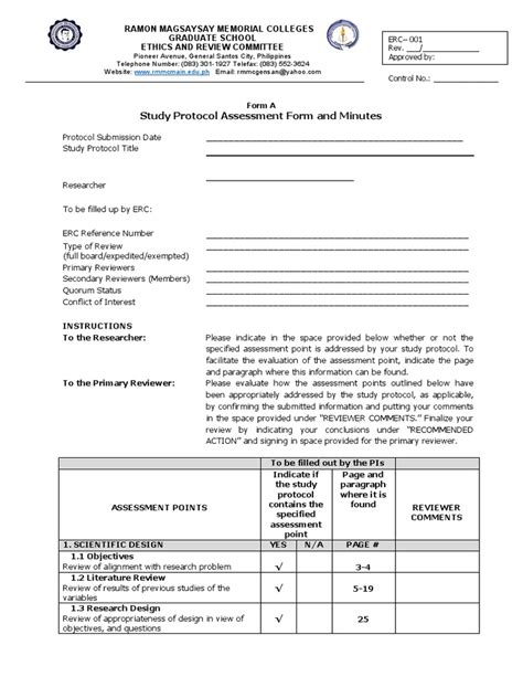 Erc Form A Study Protocol Assessment Form And Minutes Pdf