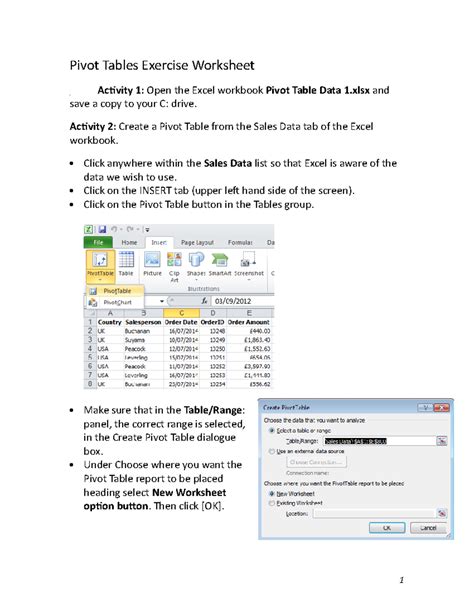 Pivot Tables Worksheet 1 Pivot Tables Exercise Worksheet Activity 1