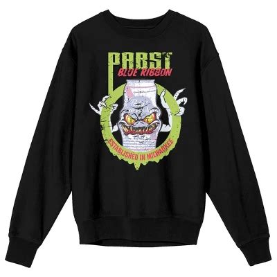 Pabst Blue Ribbon Ghostly Beer Can Crew Neck Long Sleeve Black Adult