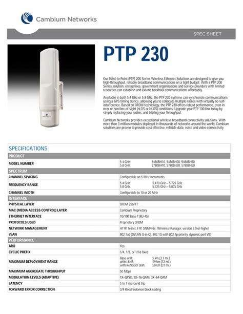 Cambium Networks Ptp 230 Specification Pdf Internet Of Things