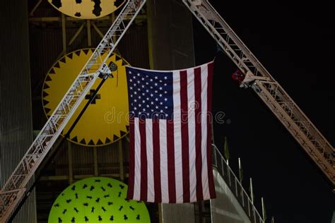 American Flag Suspended By Fire Truck Ladders Stock Image Image Of