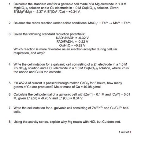 1 Calculate The Standard Emf For A Galvanic Cell Made Of A Mg Electrode