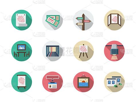 艺术画廊元素平面圆形矢量图标设置