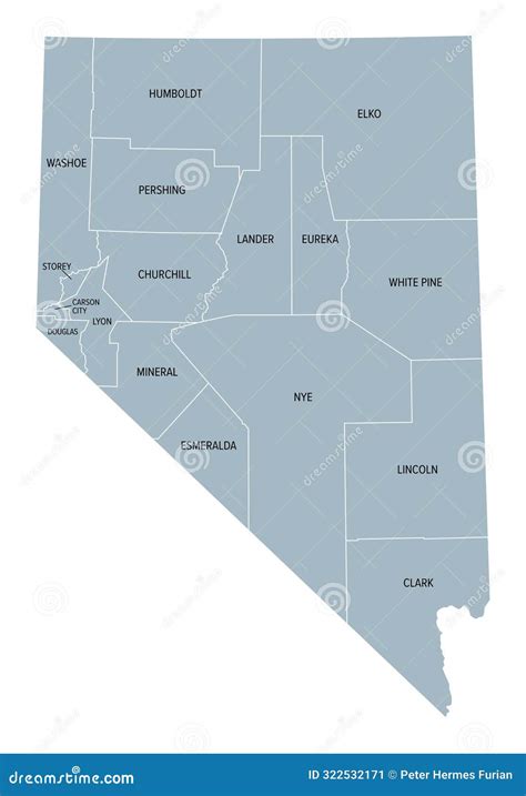 Us State Of Nevada Subdivided Into 16 Counties And Carson City Gray
