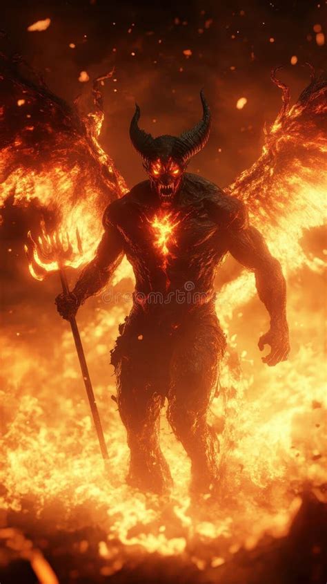 Fiery Demon With Molten Wings And Glowing Trident Stock Illustration