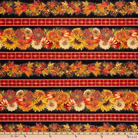 Timeless Treasures Metallic Autumn Harvest Leaves Mums Border Stripe Fabric Blck