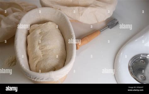 Proofing Basket Bannetons Bread Score On White Table Sourdough Bread