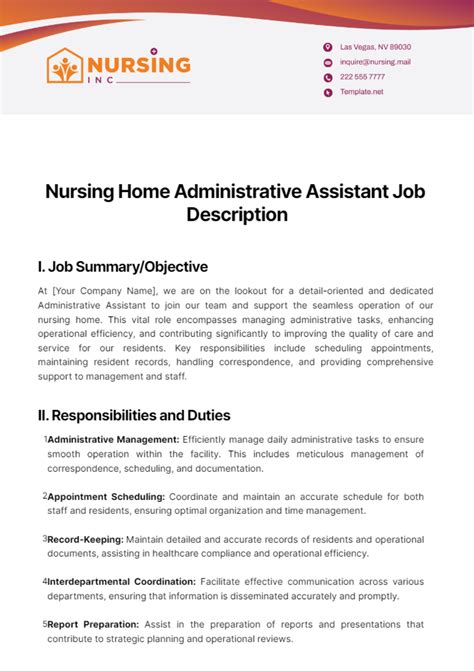 Free Nursing Home Administrative Assistant Job Description Template To