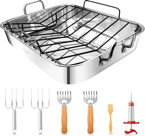 Steel Roasting Pan 16 Inch Rectangular Roasting Pan With Nonstick Rack Meat Forks Injector