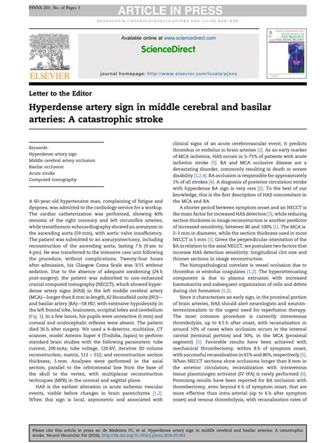 Pdf Hyperdense Artery Sign In Middle Cerebral And Basilar Arteries A