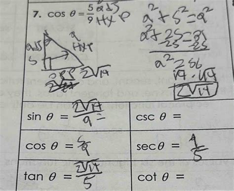 Solved Cos θ 5 9 Sin θ Csc θ Cos θ Sec θ Tan θ Cot θ [calculus]