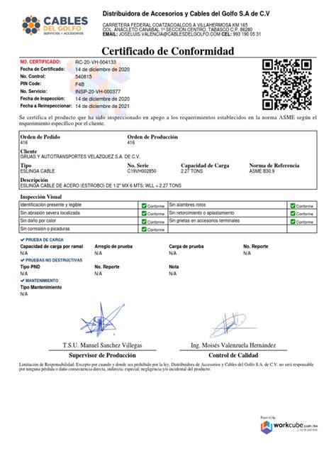 Certificado De Eslinga De Acero 12 Pdf Tecnología
