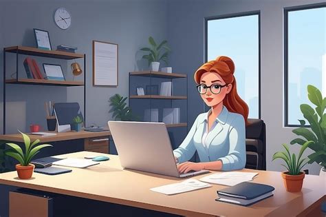 Premium Photo Office Workspace With Female Manager Vector Character Working At Desk With