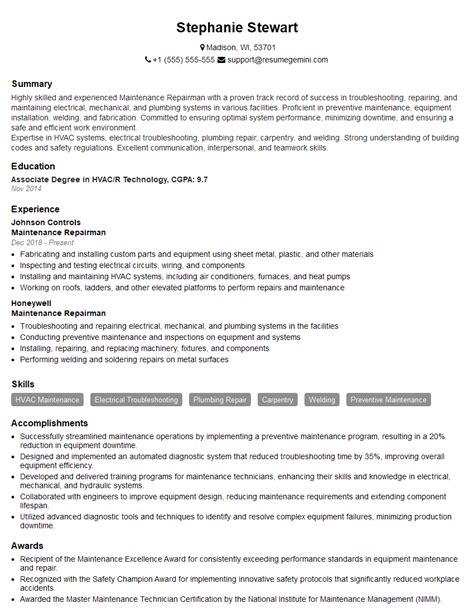 Maintenance Repairman Resume Template Resumegemini Online Resume