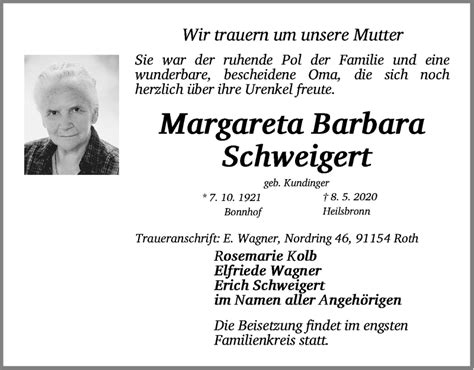 Traueranzeigen Von Margareta Barbara Schweigert Trauer Flz De