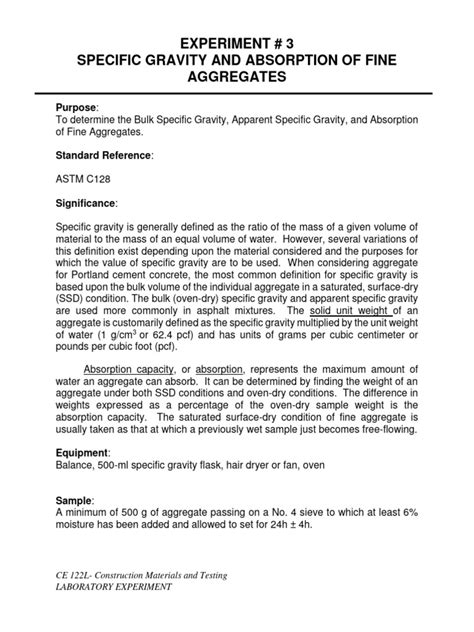 Exp 03 Specific Gravity And Absorption Fa Pdf Weight