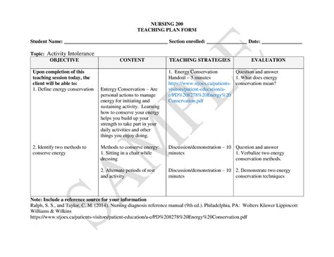 Sample Teaching Plan Form 1 Copy Nursing 200 Teaching Plan Form