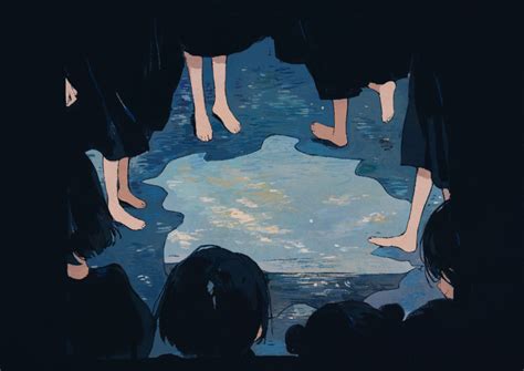 Safebooru 6girls Barefoot Black Dress Black Hair Double Bun Dress