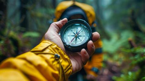 Explorer Holding A Compass In A Dense Forest Navigational Tool For