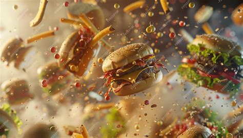 Premium Photo Grill Burger Realistic 3d Burgers Falling In The Air