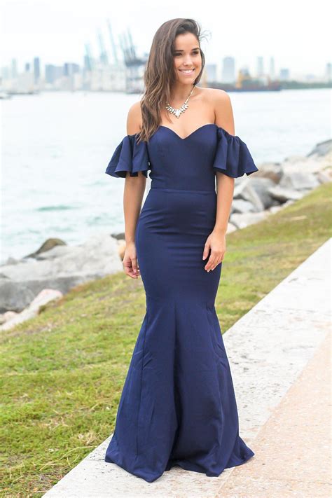 Navy Off Shoulder Maxi Dress With Ruffles Maxi Dresses Saved By The