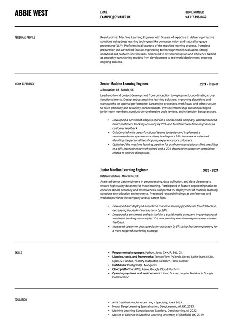 Machine Learning Engineer CV Example Best Tips