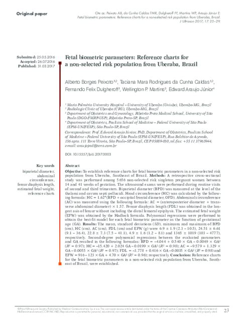 Pdf Fetal Biometric Parameters Reference Charts For A Non Selected