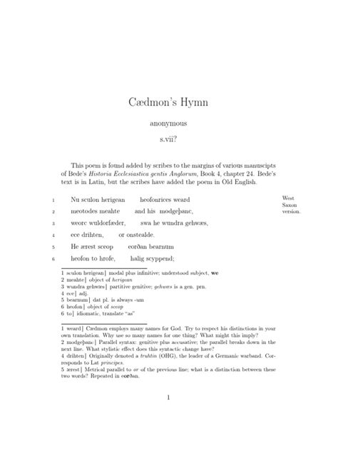 Cædmons Hymn Old English Poem Analysis Pdf