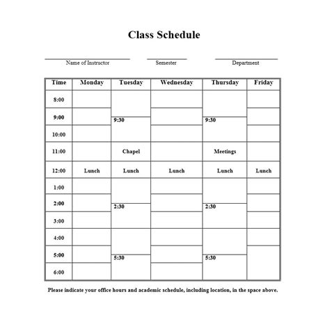 College Class Schedule Blank